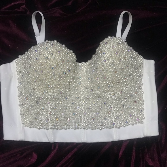 Composition | Tops | White Crystal Pearl Hand Beaded Bustier | Poshmark